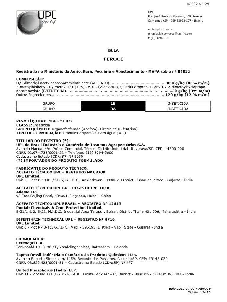 Bula do Inseticida Feroce UPL | PDF