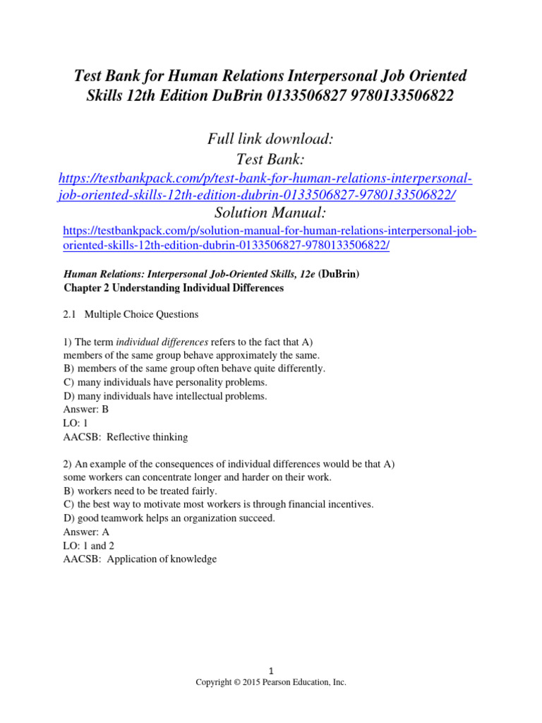 Test Bank For Human Relations Interpersonal Job Oriented Skills 12th ...