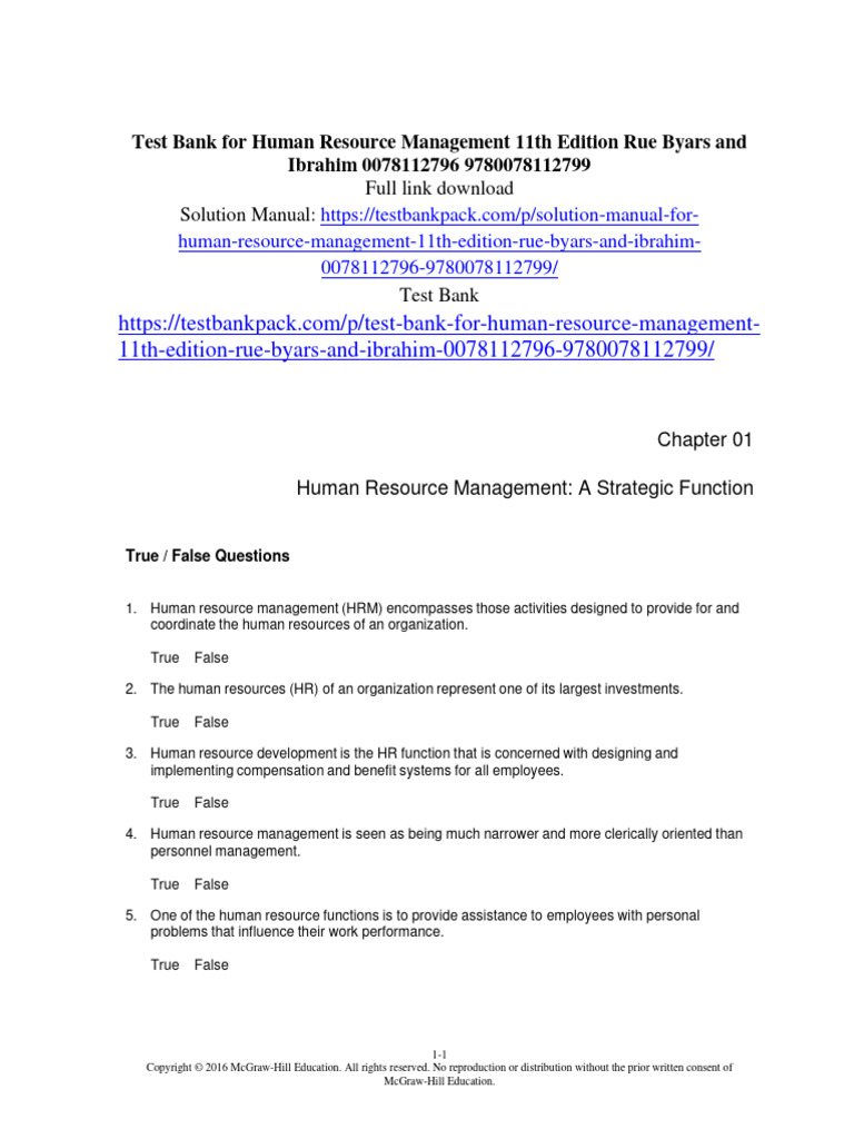 Test Bank For Human Resource Management 11th Edition Rue Byars and ...