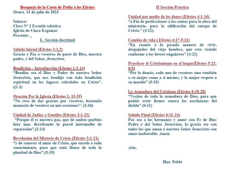 Bosquejo De Carta A Los Efesios Pdf