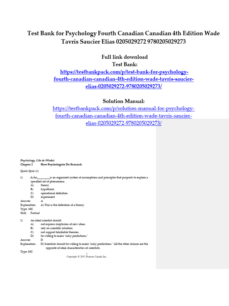 Test Bank For Psychology Fourth Canadian Canadian 4th Edition Wade ... Test Bank For Psychology Fourth Canadian Canadian 4th Edition Wade ...