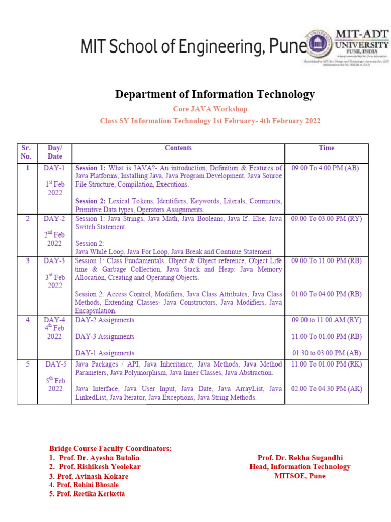JAVA Bridge Course Contents and Schedule | PDF | Java (Programming Language) | Class (Computer ...