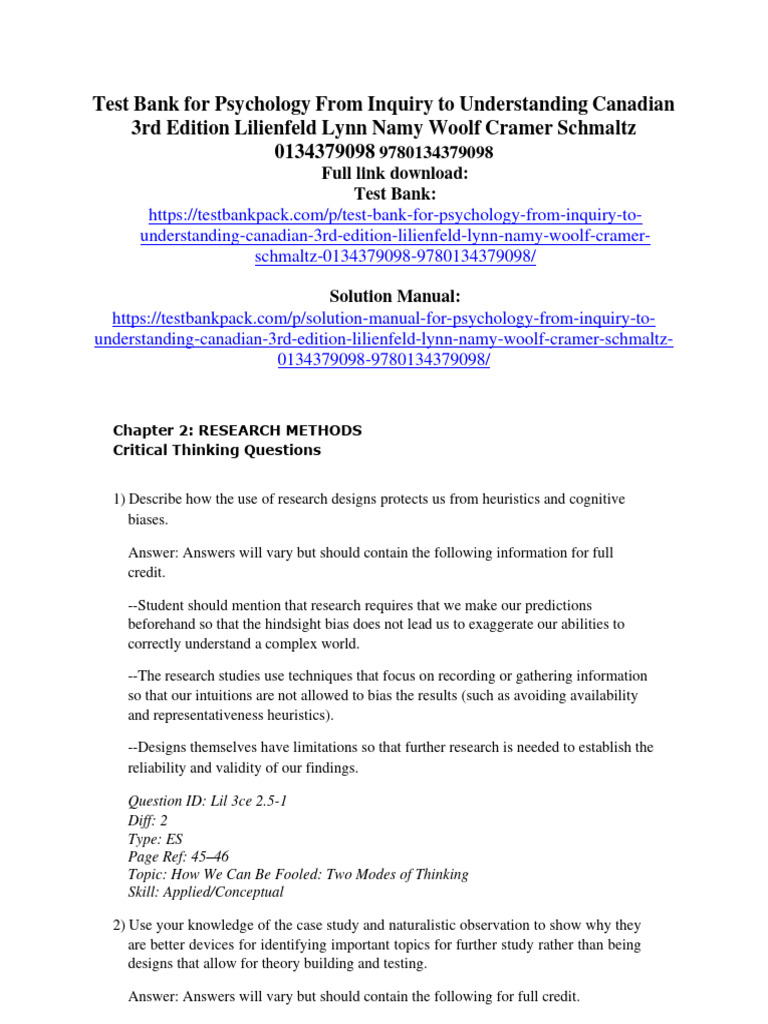 Test Bank For Psychology From Inquiry To Understanding Canadian 3rd ...