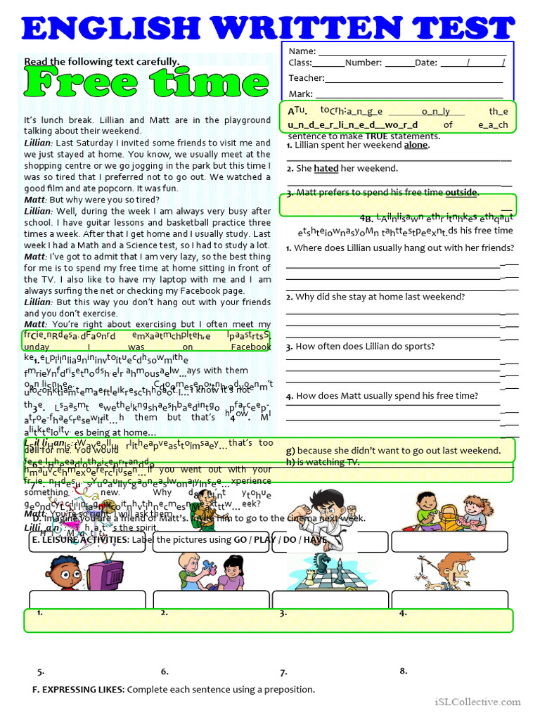 Free Time Activities - Test (A1-A2) | PDF | Linguistics