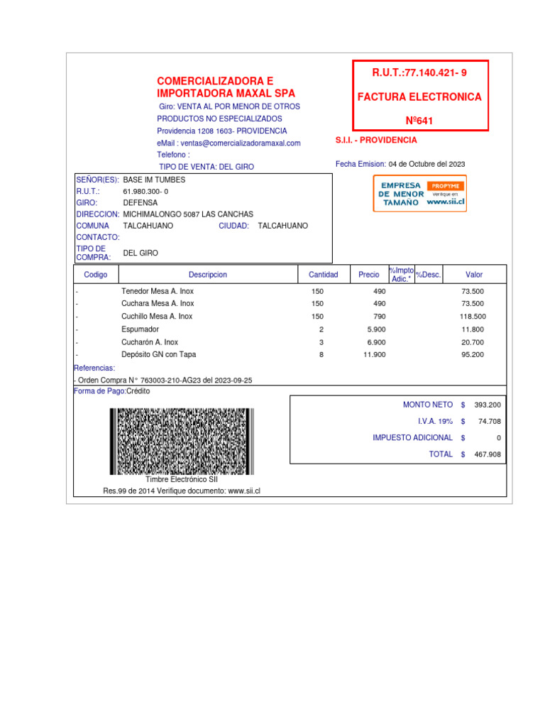 Comercializadora E Importadora Maxal Spa R.U.T.:77.140.421-9 Factura Electronica Nº641 | PDF ...