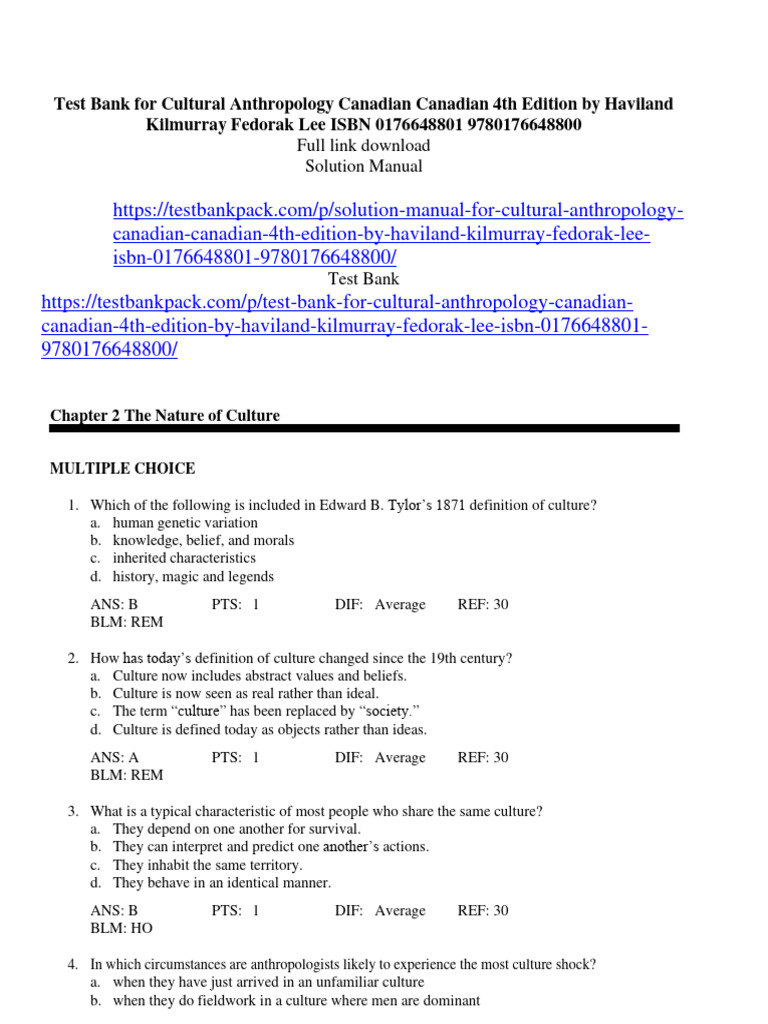 Test Bank For Cultural Anthropology Canadian Canadian 4th Edition by ...