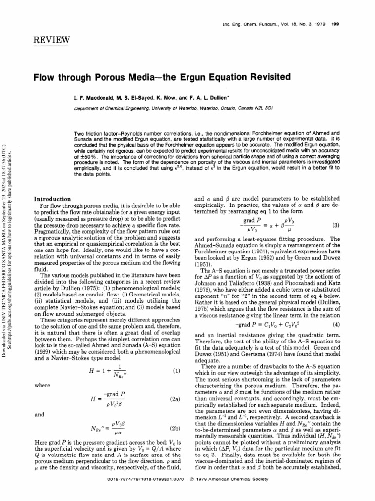 Flow Through Porous Media-The Ergun Equation Revisited | PDF