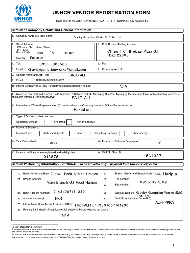 UNHCR Vendor Registration Form | PDF
