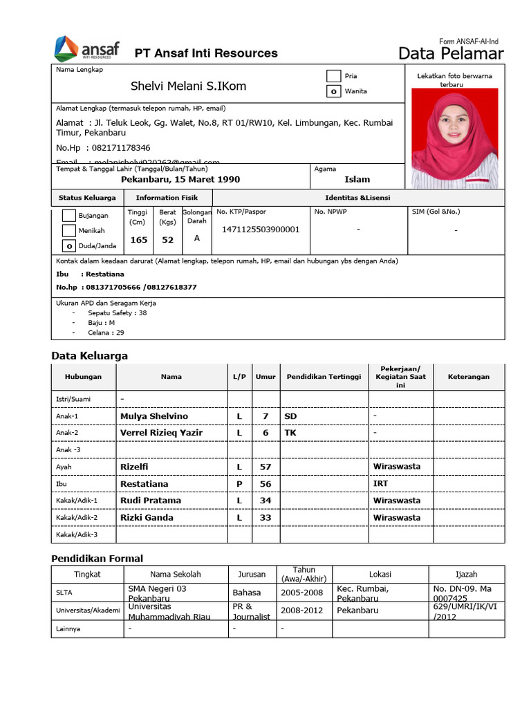 Form-APPLICANT-INFORMATION-Shelvi Melani-ANSAF | PDF