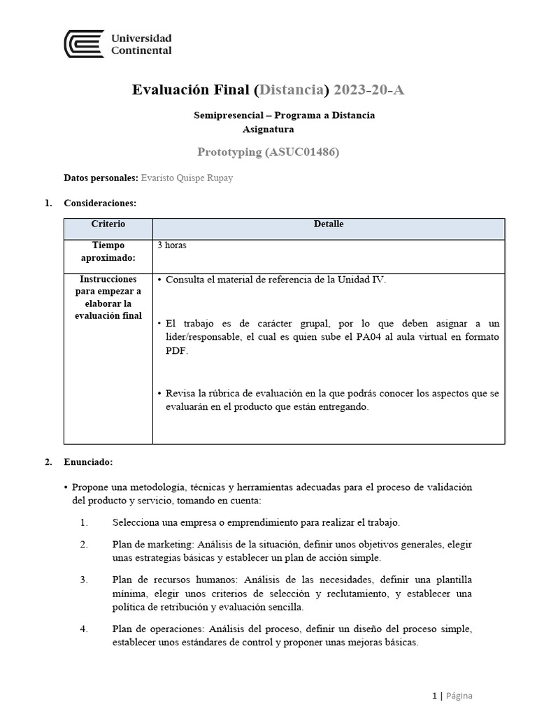 Plantilla - Prueba - Rubrica PA4 | PDF