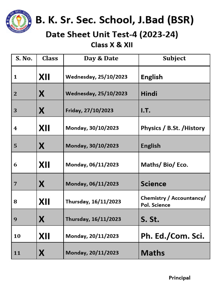 Date Sheet UT-4 2023-24-1 | PDF