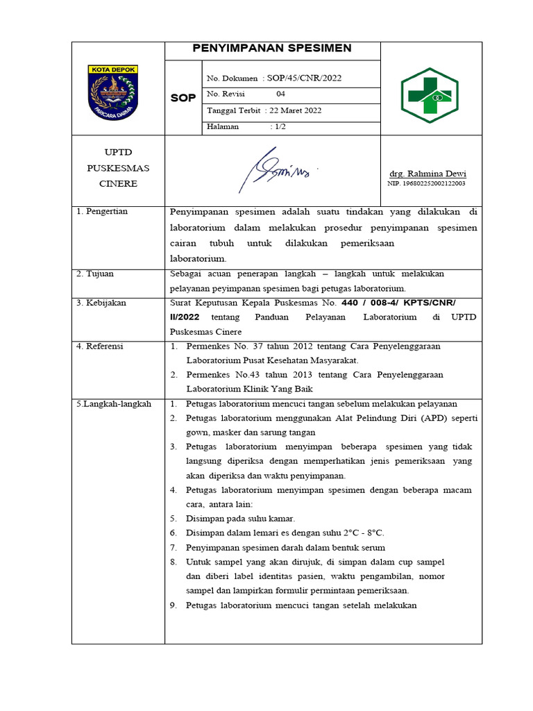 Sop Penyimpanan Spesimen | PDF