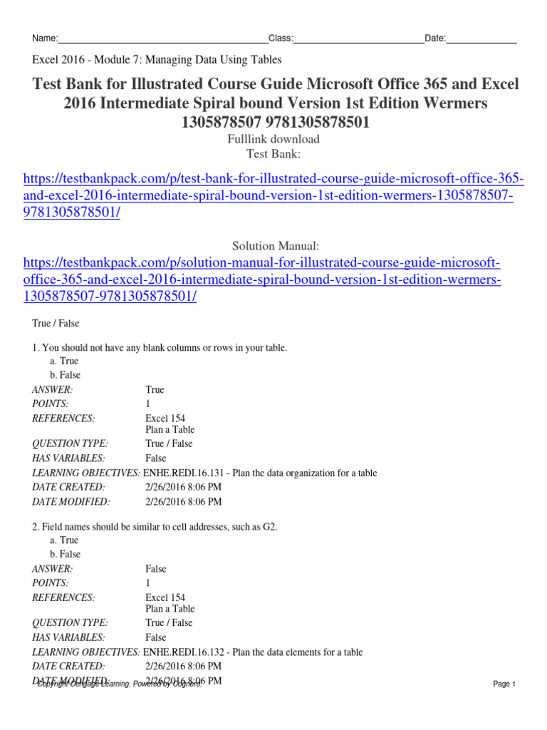Test Bank For Illustrated Course Guide Microsoft Office 365 and Excel ...