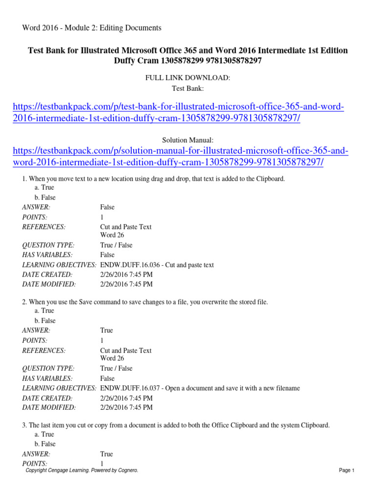Test Bank For Illustrated Microsoft Office 365 and Word 2016 ...