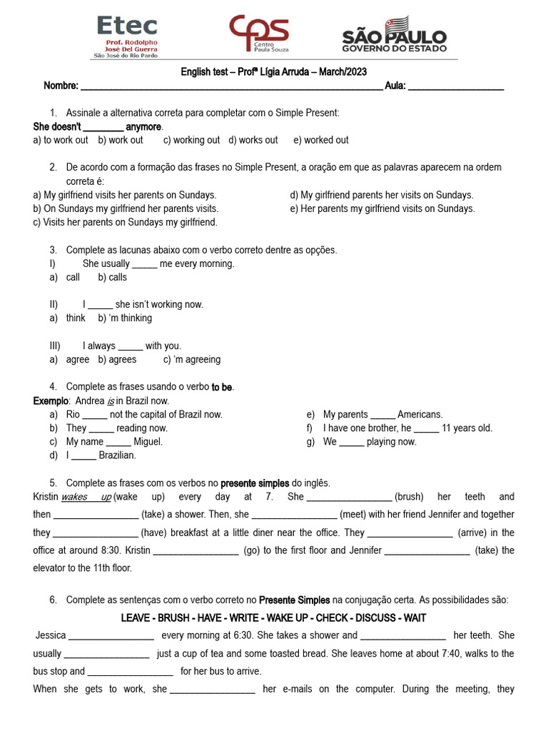 English Simple Present Test - March 2023 | PDF | Language Arts ...