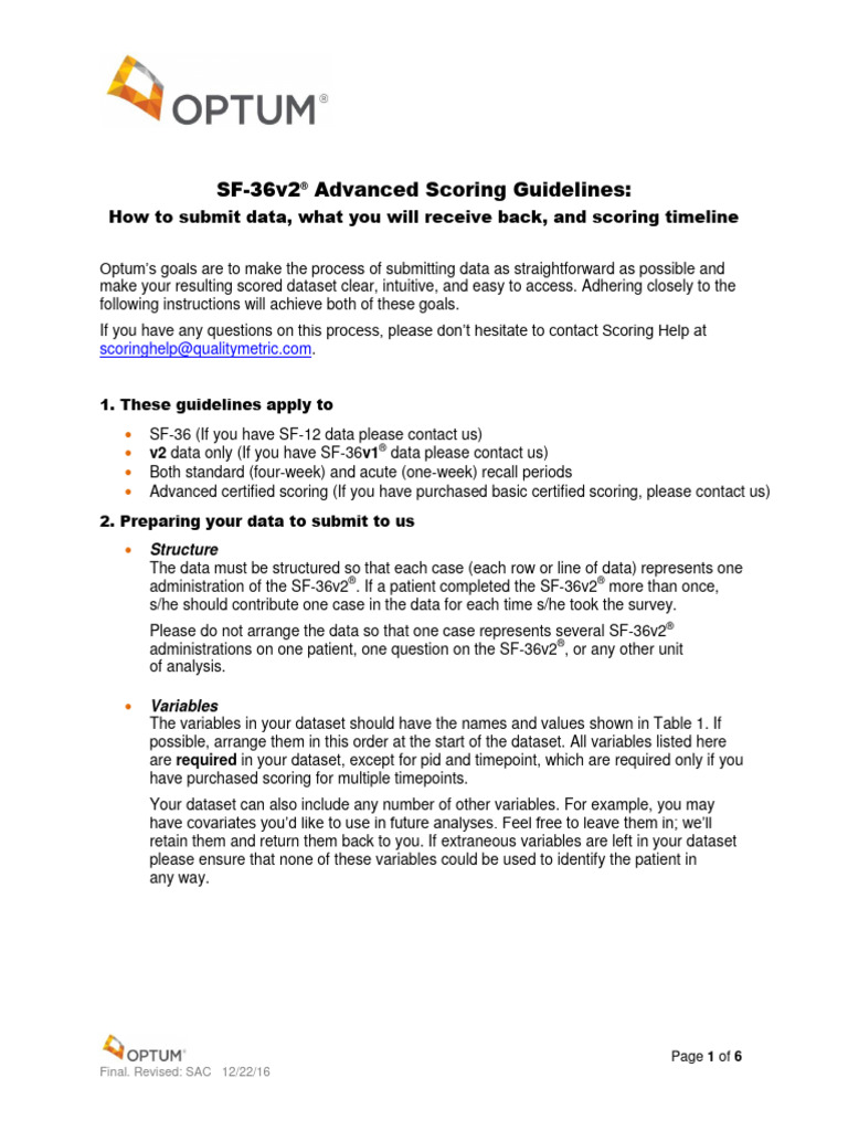 SF-36v2 Advanced Scoring Guidelines | PDF