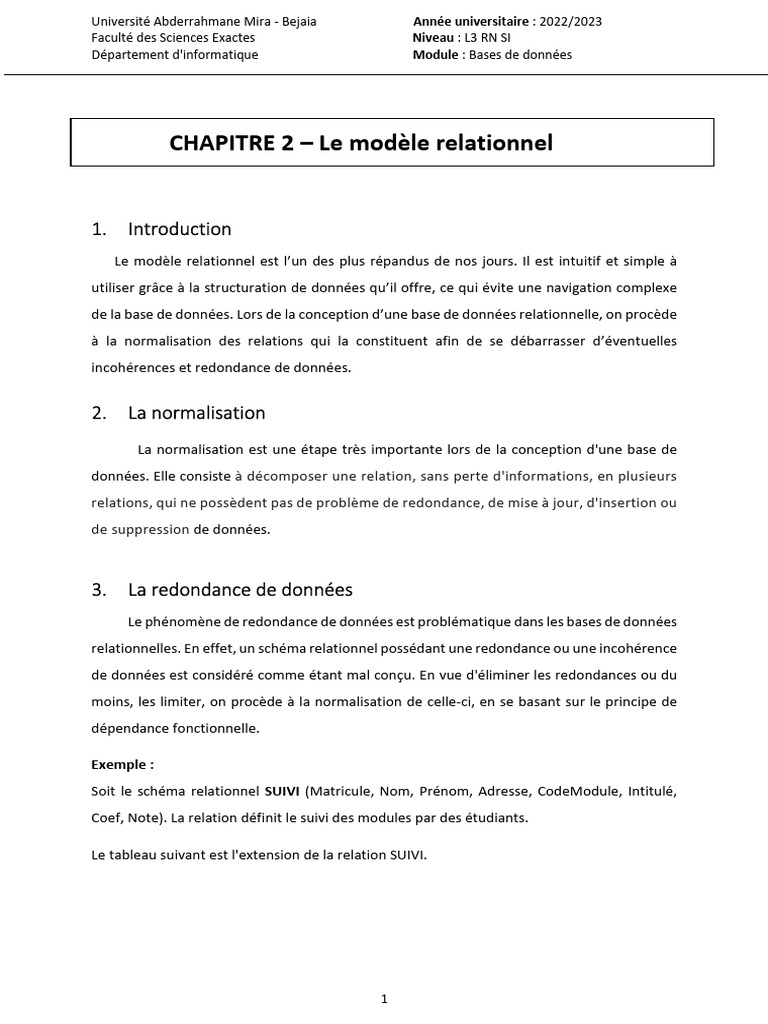 Modèle relationnel et normalisation des données | PDF
