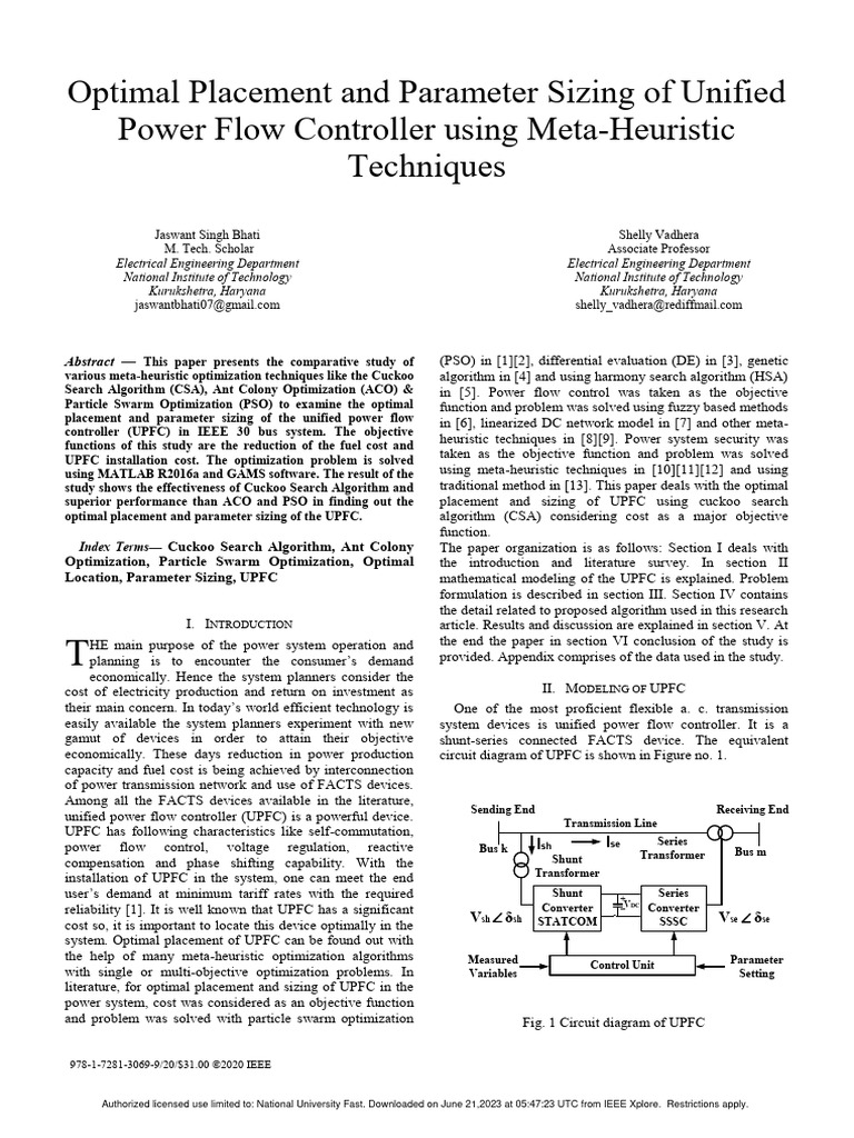 Optimal Placement and Parameter Sizing of Unified Power Flow Controller Using Meta-Heuristic ...
