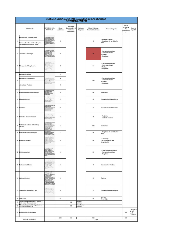 Malla Curricular Auxiliar en Enfermeria 2023 | PDF