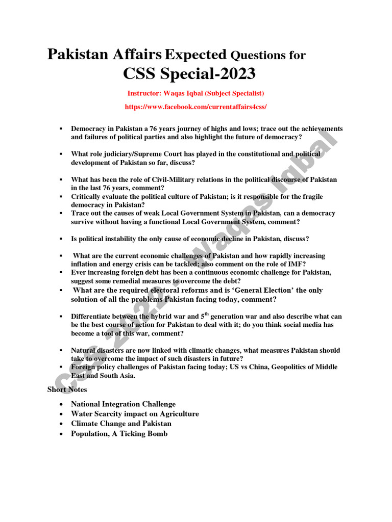 Special CSS, PA Expected Questions-2023 | PDF