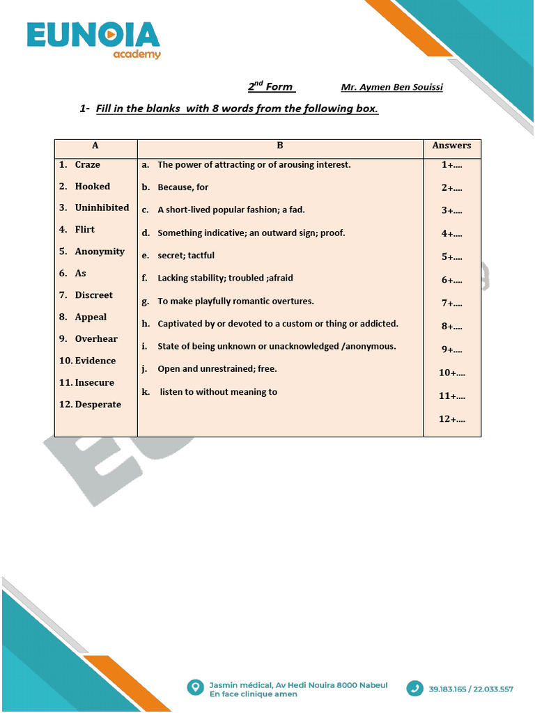 2 Form 1-Fill in The Blanks With 8 Words From The Following Box | PDF