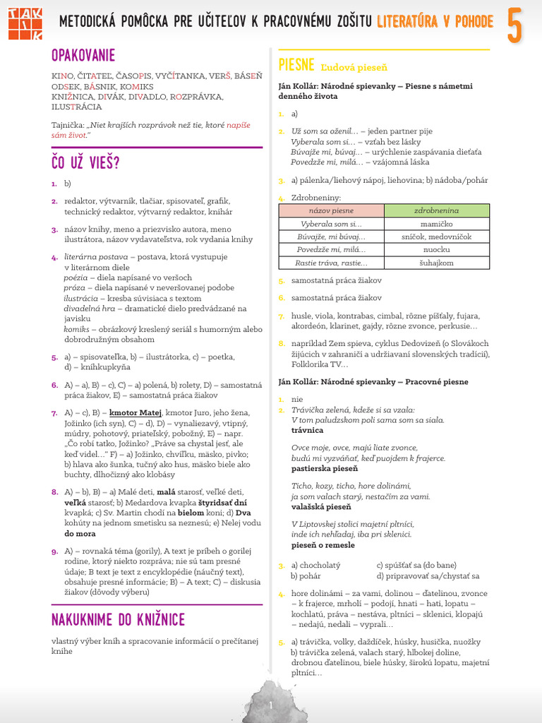 Literatúra V Pohode 5 PZ - RIEŠENIA | PDF