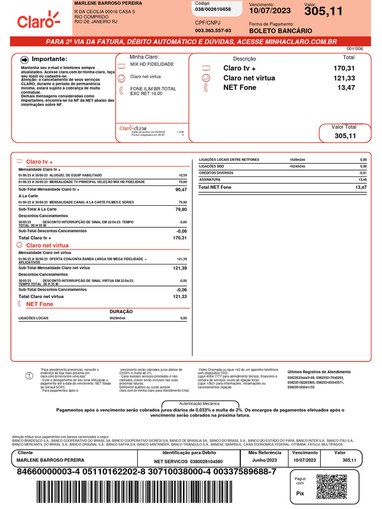 Boleto Bancário: 170,31 121,33 13,47 Claro TV + Claro Net Virtua NET ...
