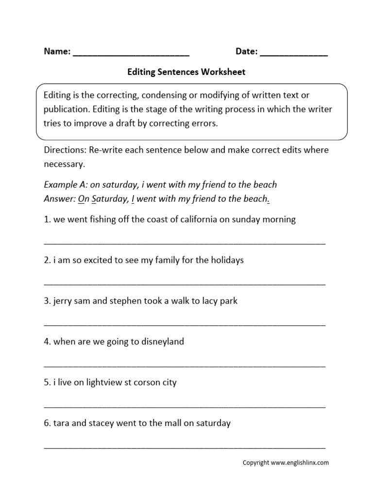 Editing Sentences Worksheets Pdf Writing Worksheets | Editing