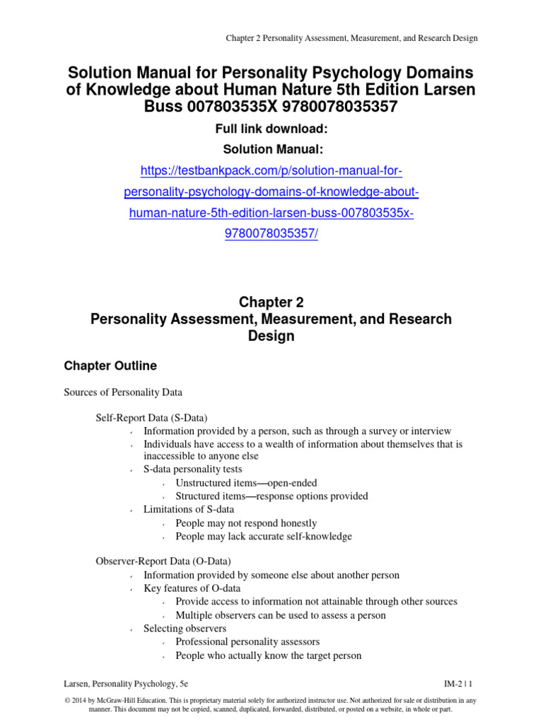 Solution Manual For Personality Psychology Domains of Knowledge About ...