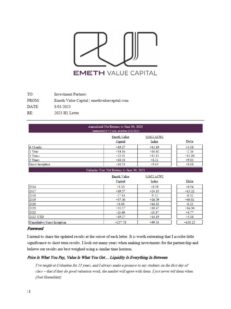2023 H1 Letter vWebFINAL | PDF
