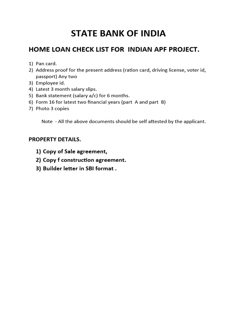 Sbi Home Loan Check List For Indian Apf Project | PDF