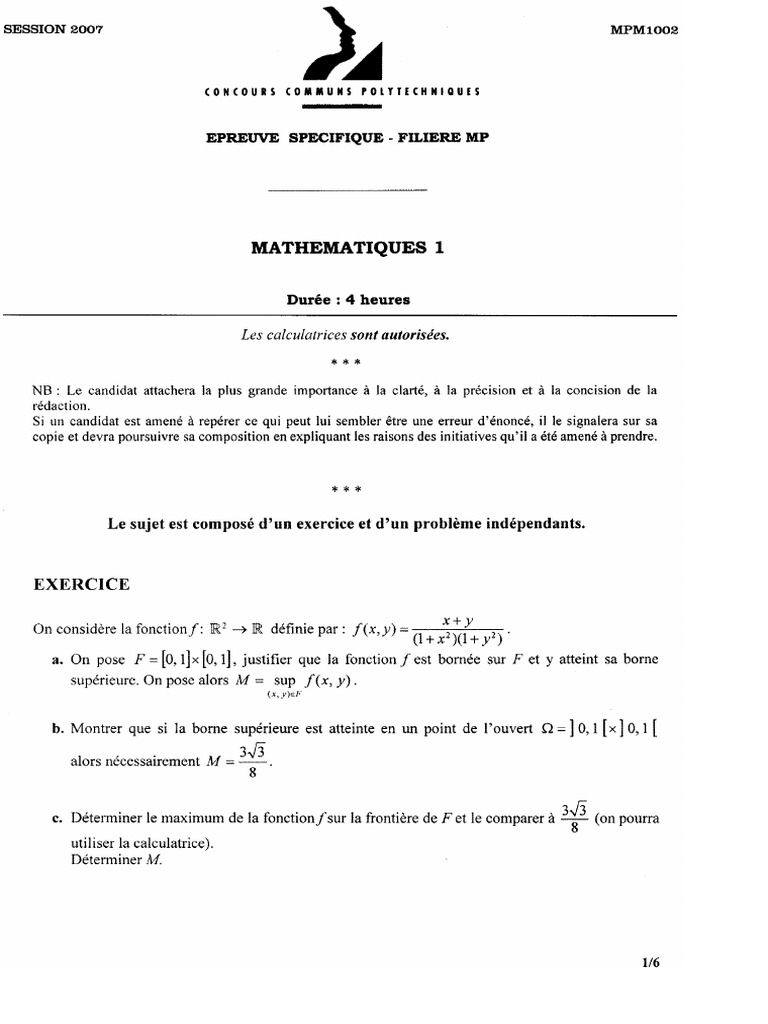 CCP 2007 MP M1 Enonce | PDF
