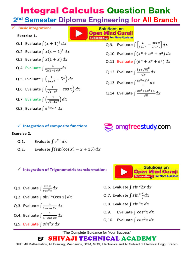Integral Calculus Question Bank | PDF