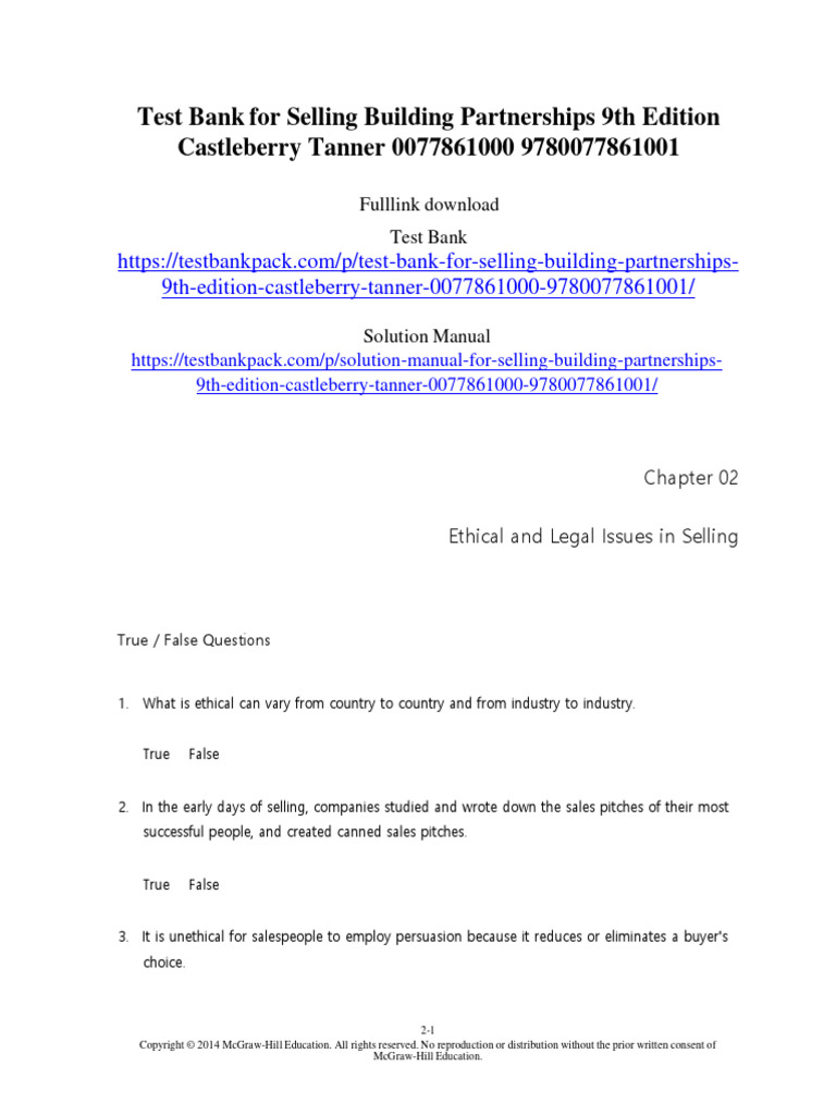 Test Bank For Selling Building Partnerships 9th Edition Castleberry ...