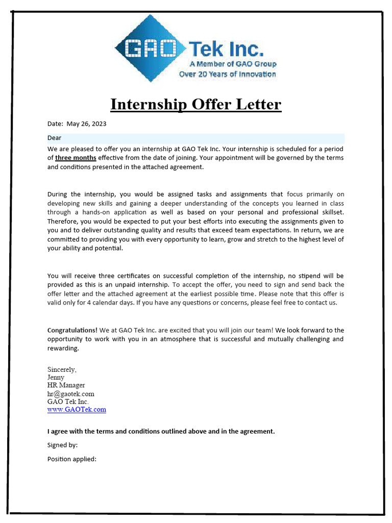 Internship Offer Letter - GAO Tek Inc | PDF