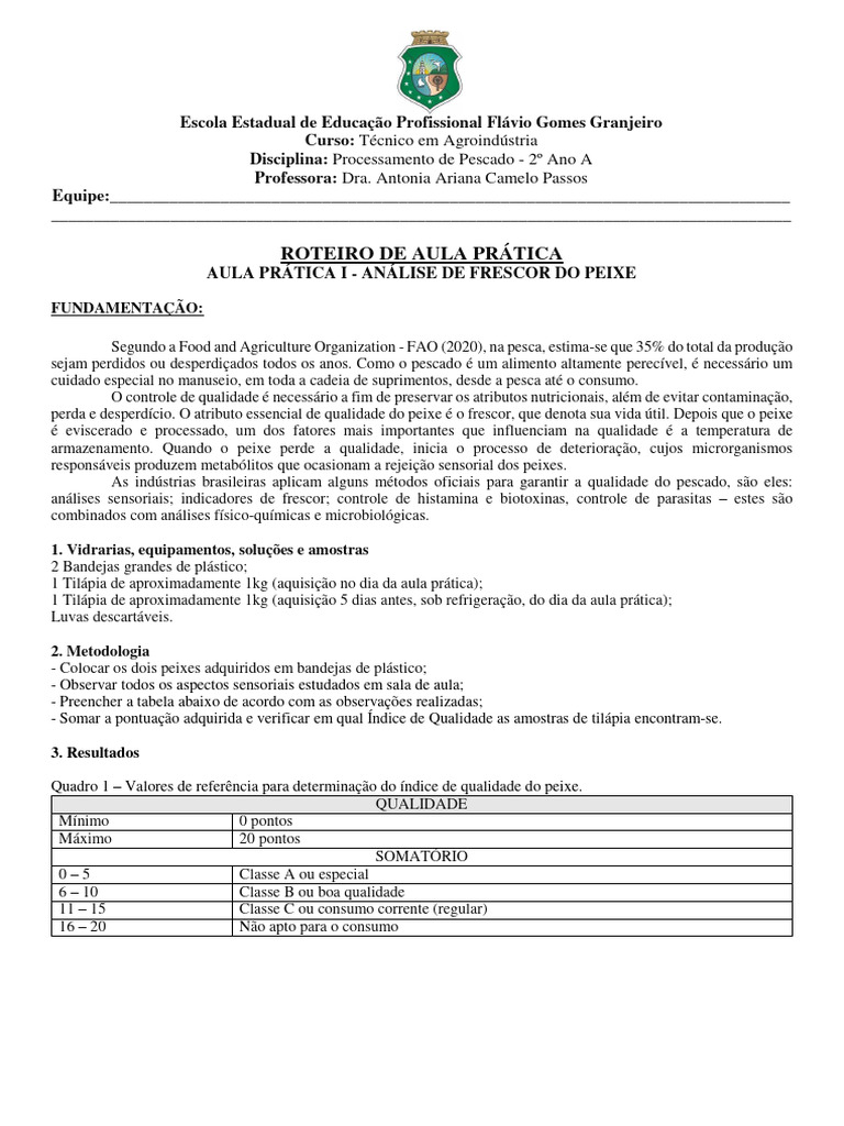 Processamento de Pescado - AULA PRÁTICA I - Análise de Frescor Do Peixe - Profa. Dra. Ariana ...