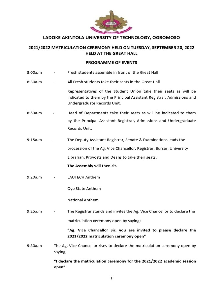 2021/2022 Matriculation Ceremony Program | PDF | Provost (Education) | Undergraduate Education