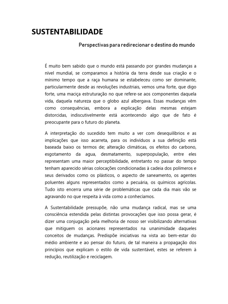 Texto Sustentabilidade | Download grátis PDF | Sustentabilidade | Vida