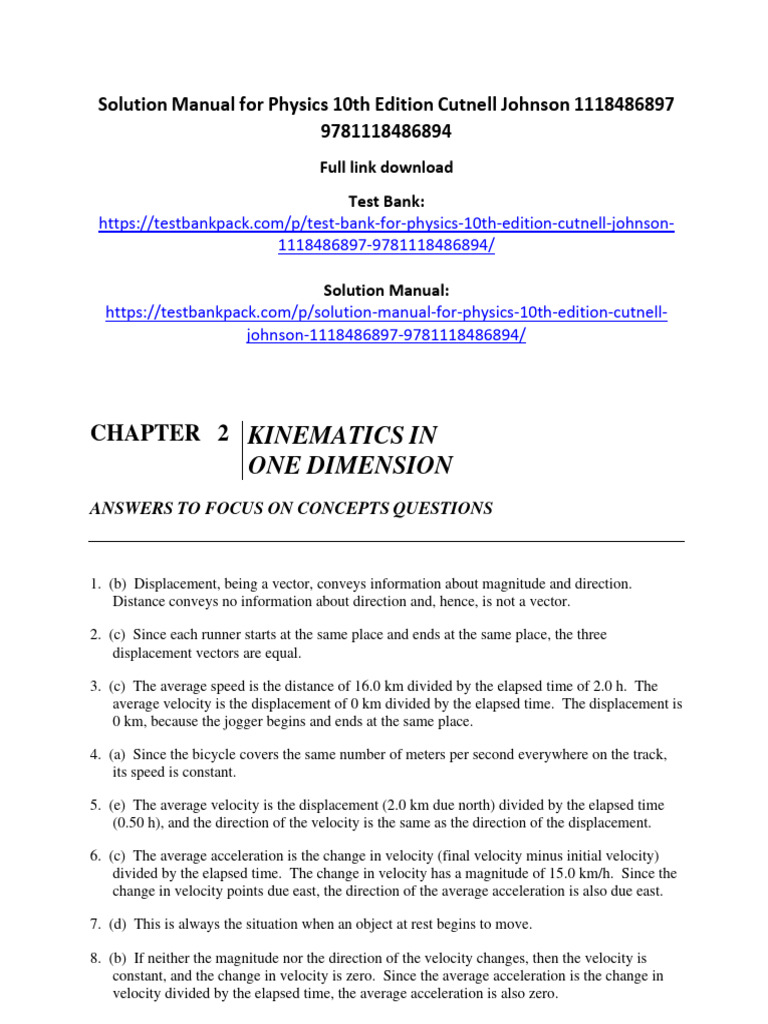 Solution Manual For Physics 10th Edition Cutnell Johnson 1118486897 9781118486894 | PDF ...