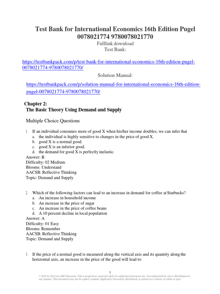 Test Bank For International Economics 16th Edition Pugel 0078021774 ...