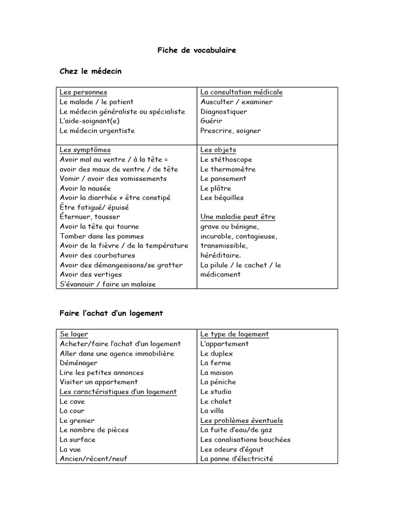 Fiche de Vocabulaire | PDF