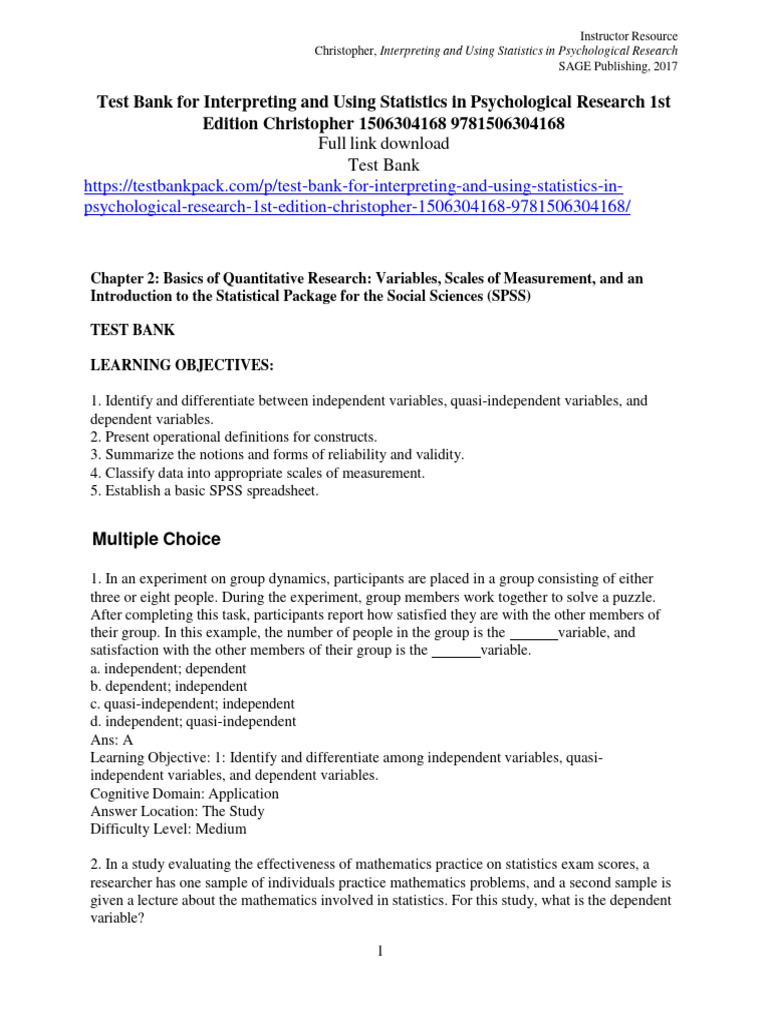 Test Bank For Interpreting and Using Statistics in Psychological ...