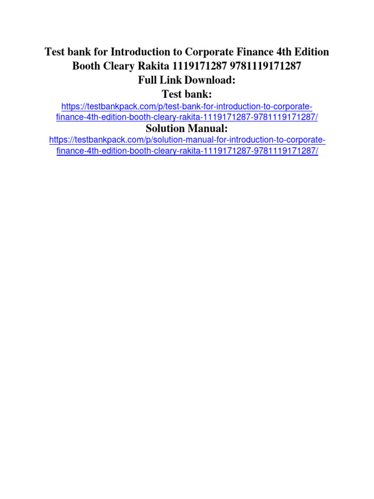 Test Bank For Introduction To Corporate Finance 4th Edition Booth ...