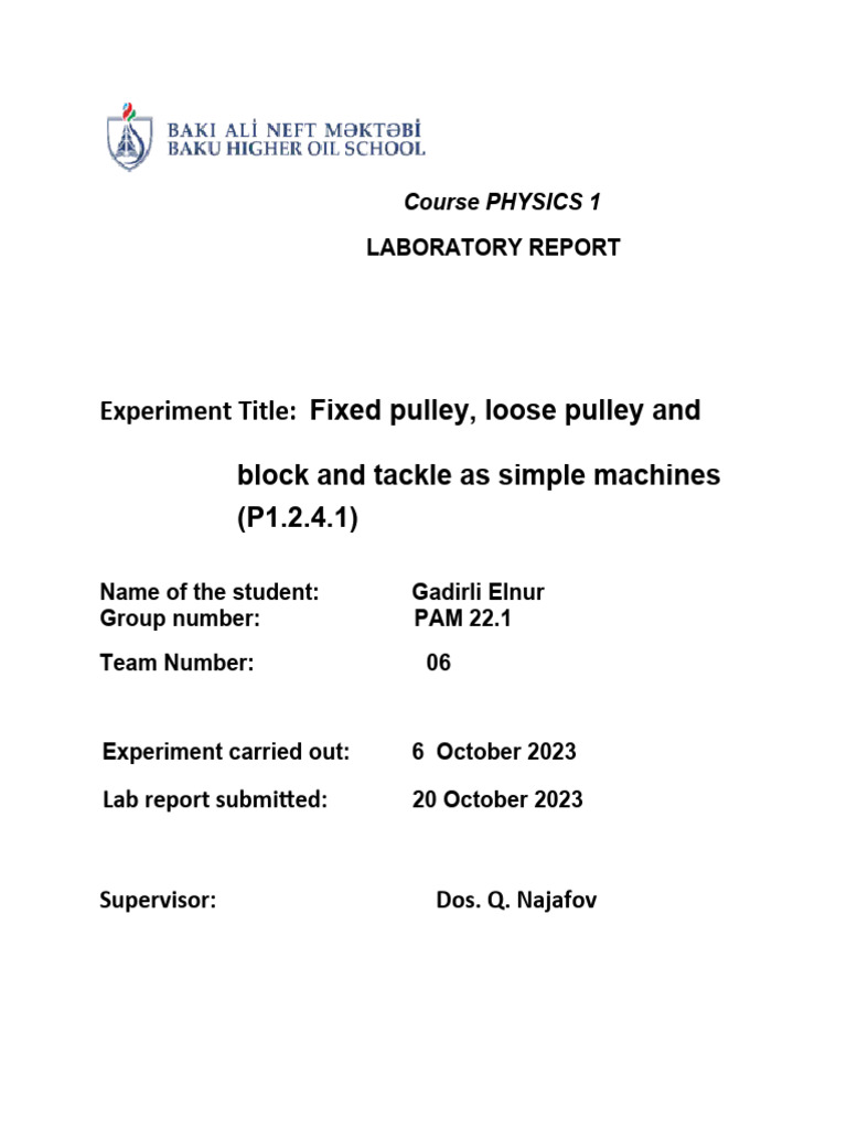 Experiment Title: Fixed Pulley, Loose Pulley and Block and Tackle As ...