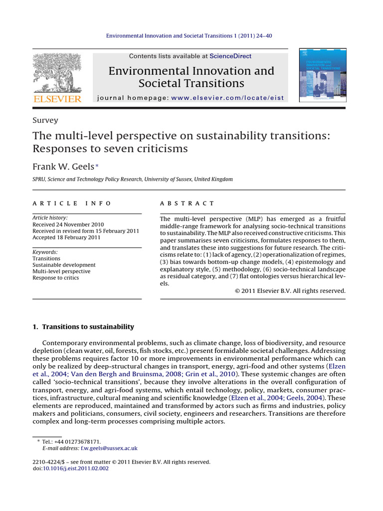 Geels, F. (2011) The Multi-Level Perspective On Sustainability ...