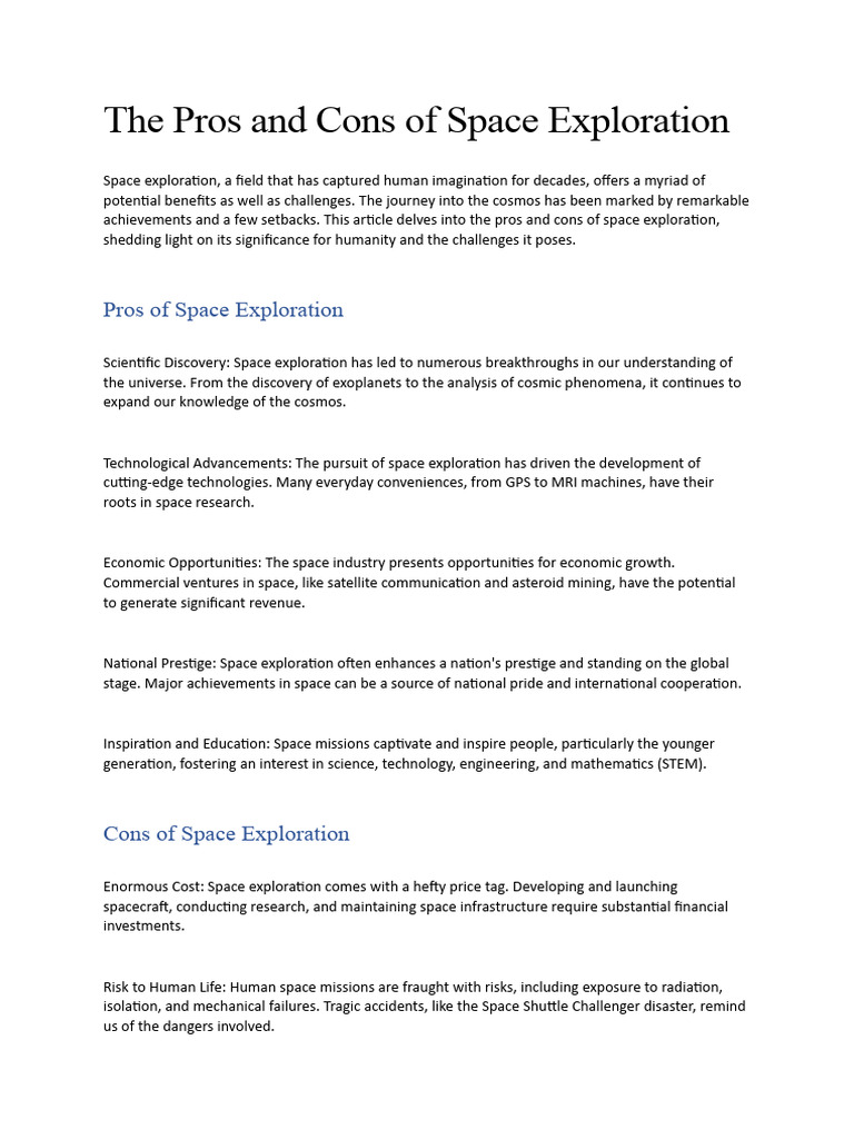 The Pros and Cons of Space Exploration | PDF | Science & Mathematics ...
