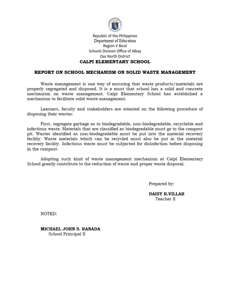 Calpi Elementary School Waste Management Report | PDF