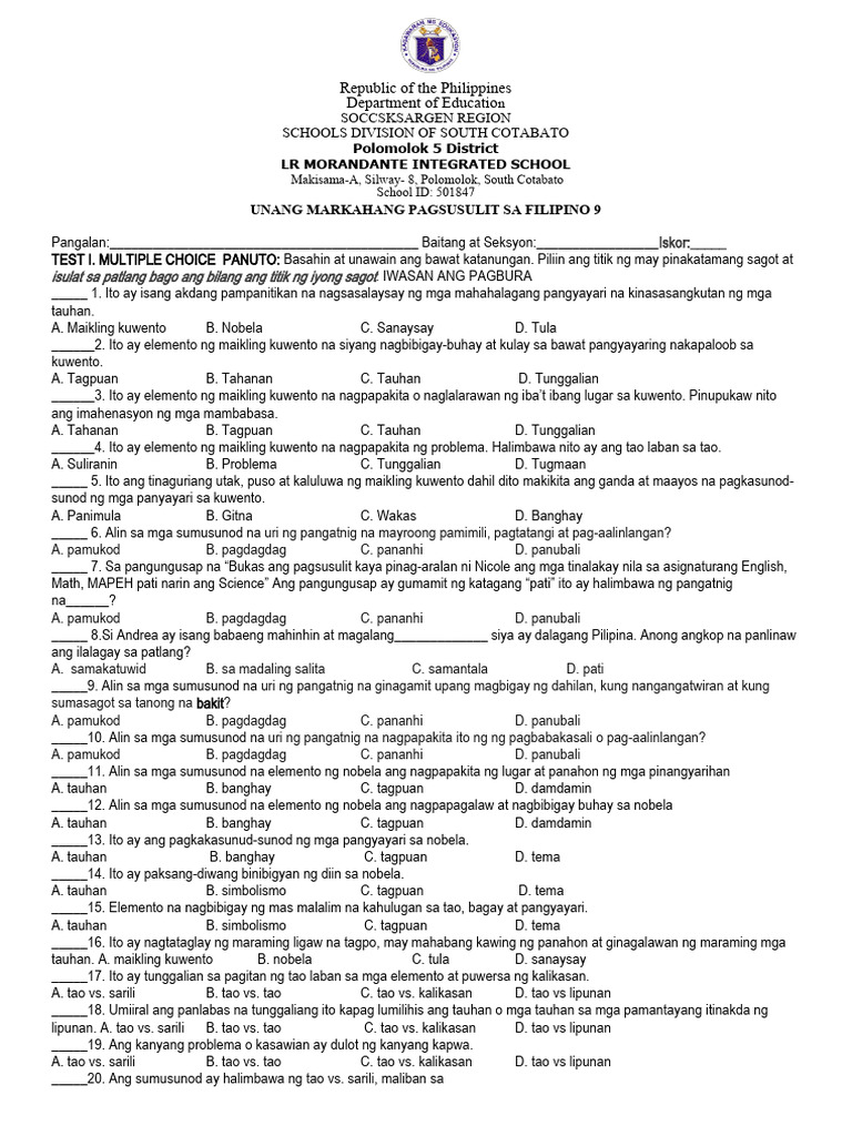 Filipino 9 Unang Markahang Pagsusulit | PDF