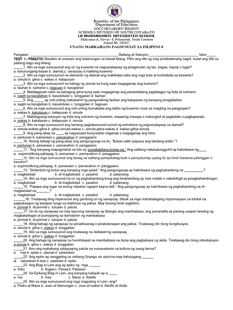 Filipino 8 Unang Markahan With Tos | PDF