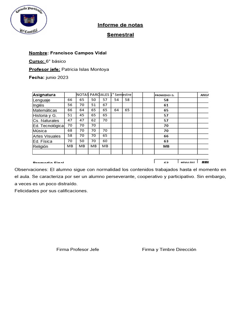Informe de Notas Primer Semestre 2023 | PDF
